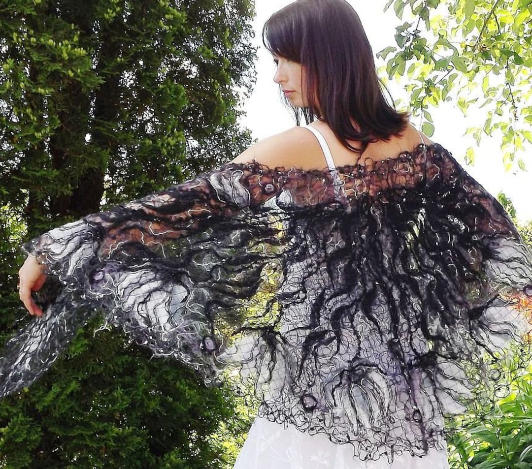 Black & White Handmade Shawl Crazy Wool Openwork Shawl for Women ...