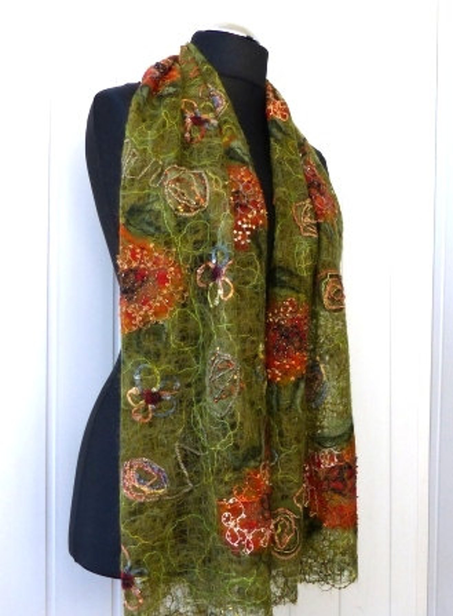 OLIVE GREEN Handmade Openwork Shawl for Women. Crazy Wool Wrap. Orange ...