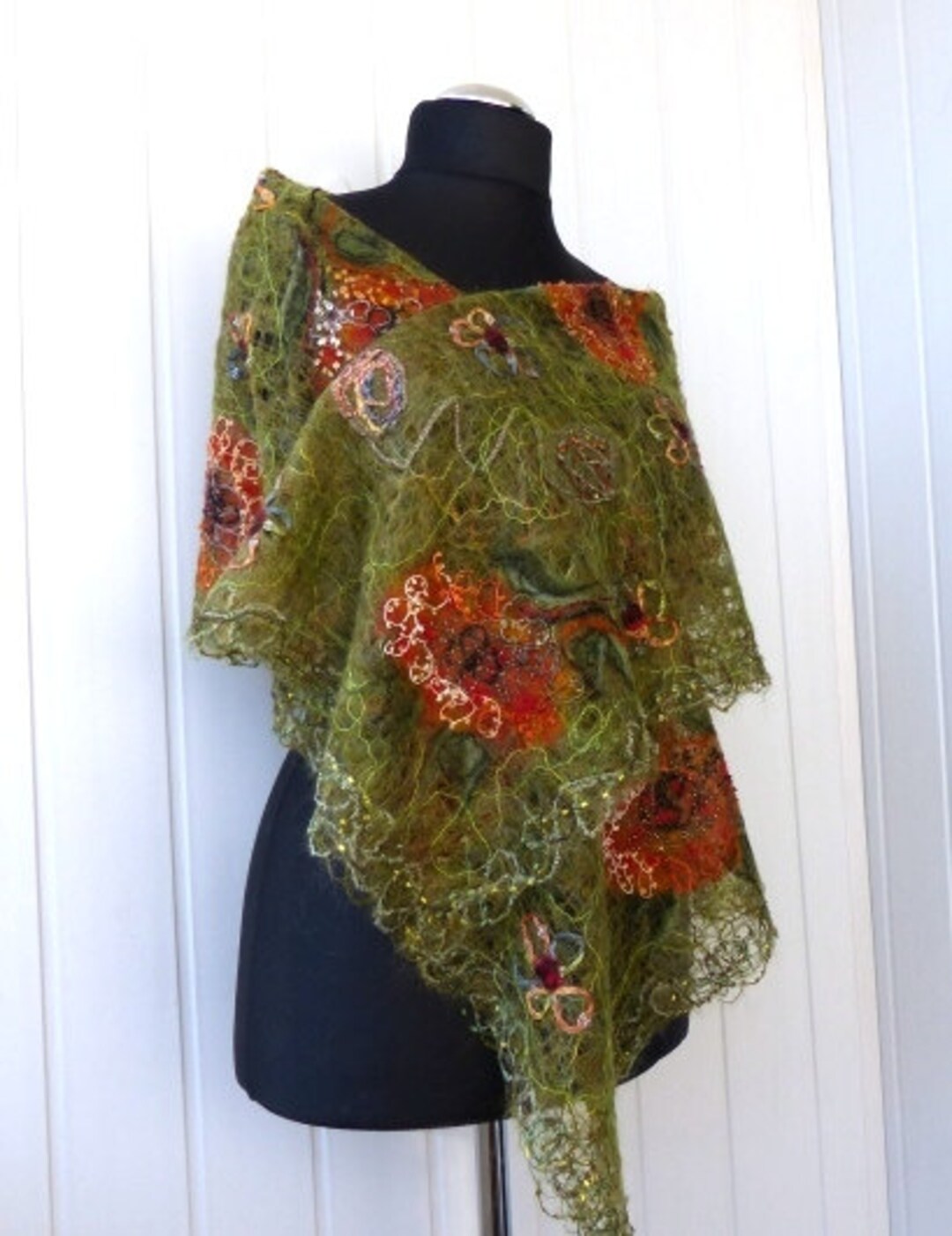 OLIVE GREEN Handmade Openwork Shawl for Women. Crazy Wool Wrap. Orange ...