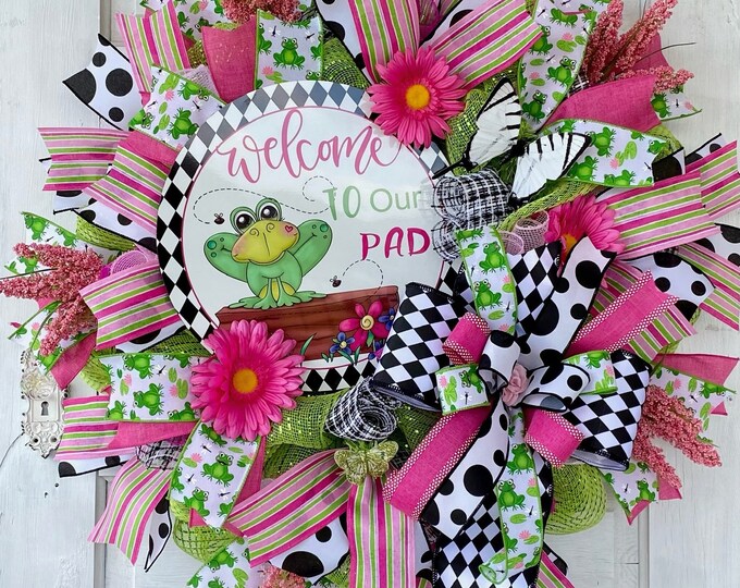 Frog Wreath, Spring Summer Wreath, Welcome Wreath, Frog Decor, Welcome ...