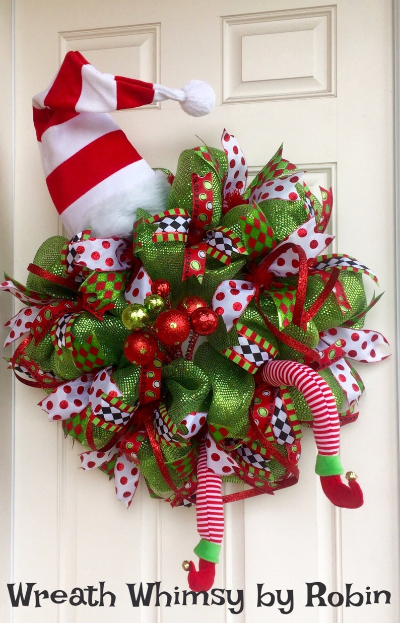 Xl Deco Mesh Holiday Elf Wreath In Lime Green And Red With Hat Etsy