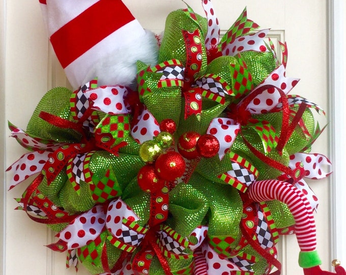 XL Deco Mesh Holiday Elf Wreath in Lime Green & Red With Hat That ...