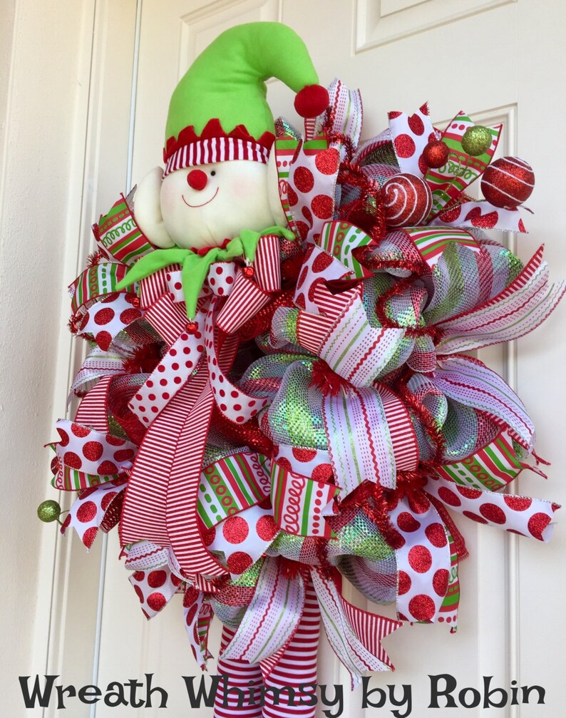 Xl Deco Mesh Holiday Elf Wreath In Red And Lime Green Etsy