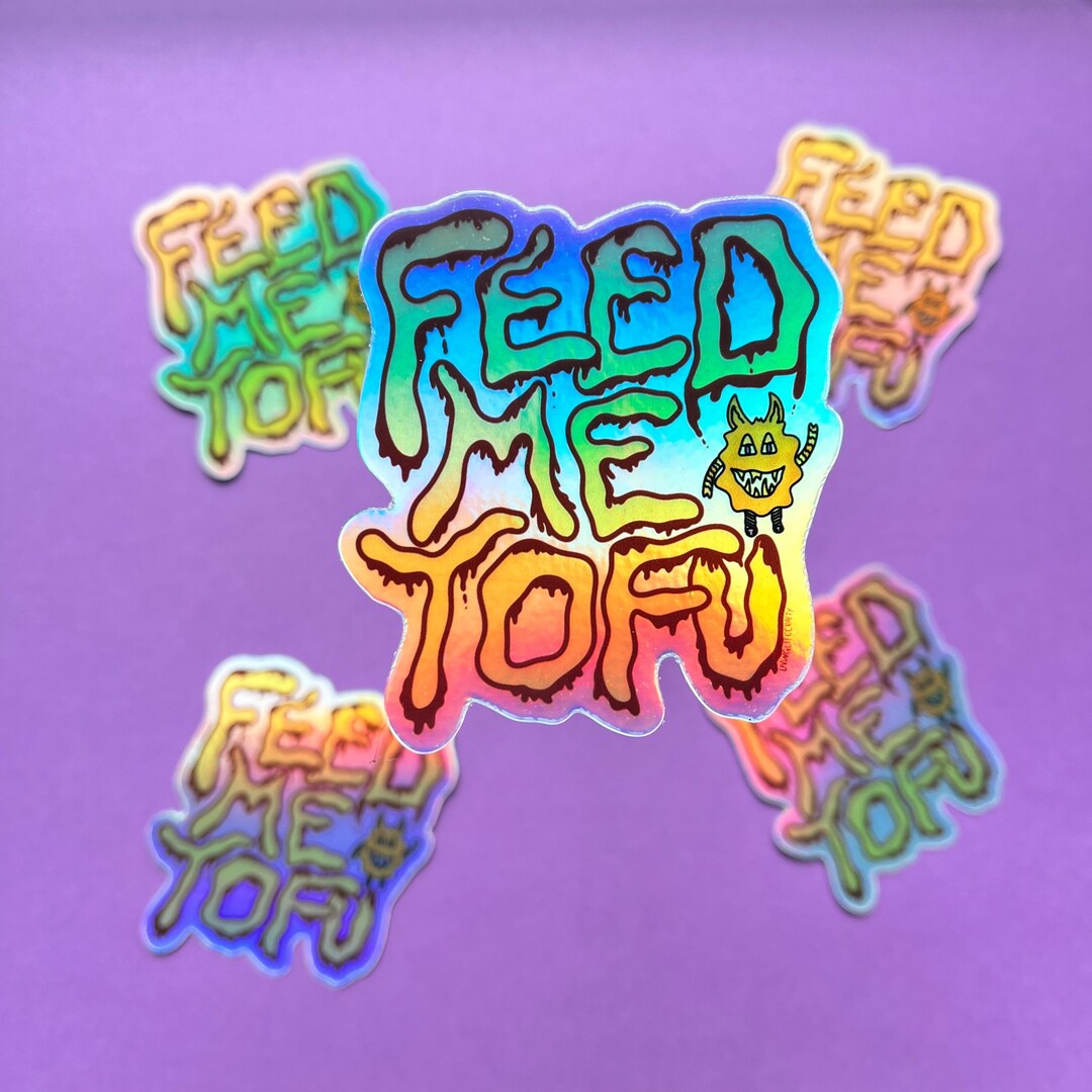 Holographic Tofu Monster Sticker, Colorful Veganism Art and Design, Handmade Stickers, Animal ...