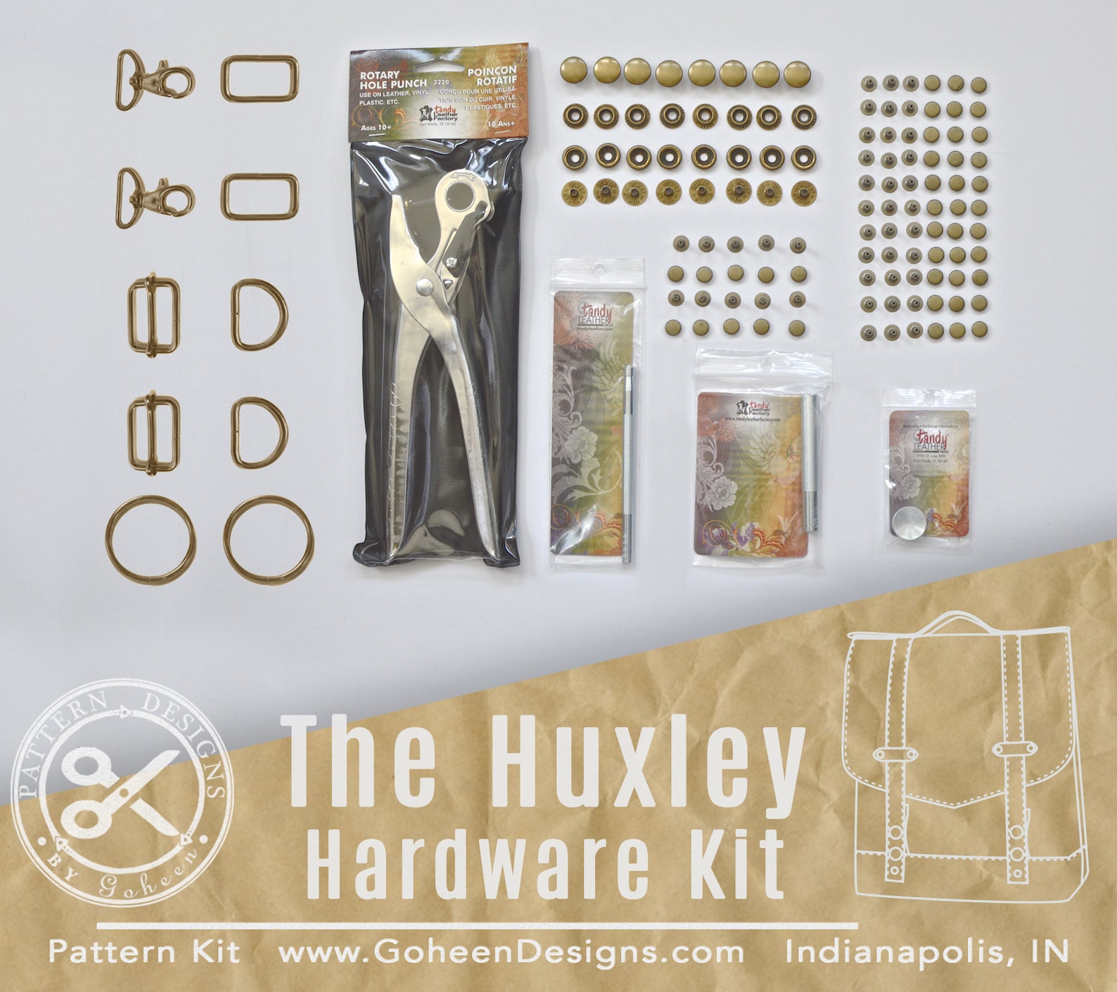 Huxley Bag Hardware Kit: Antique Brass, Nickel Plate - Rivets, Snaps ...