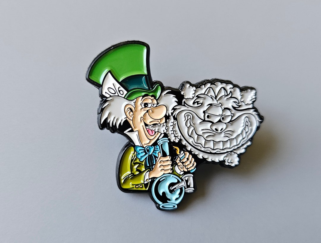 10 Pack of Mad Hatter Cheshire Cat Cartoon Metal Enamel Lapel Hat Pins ...