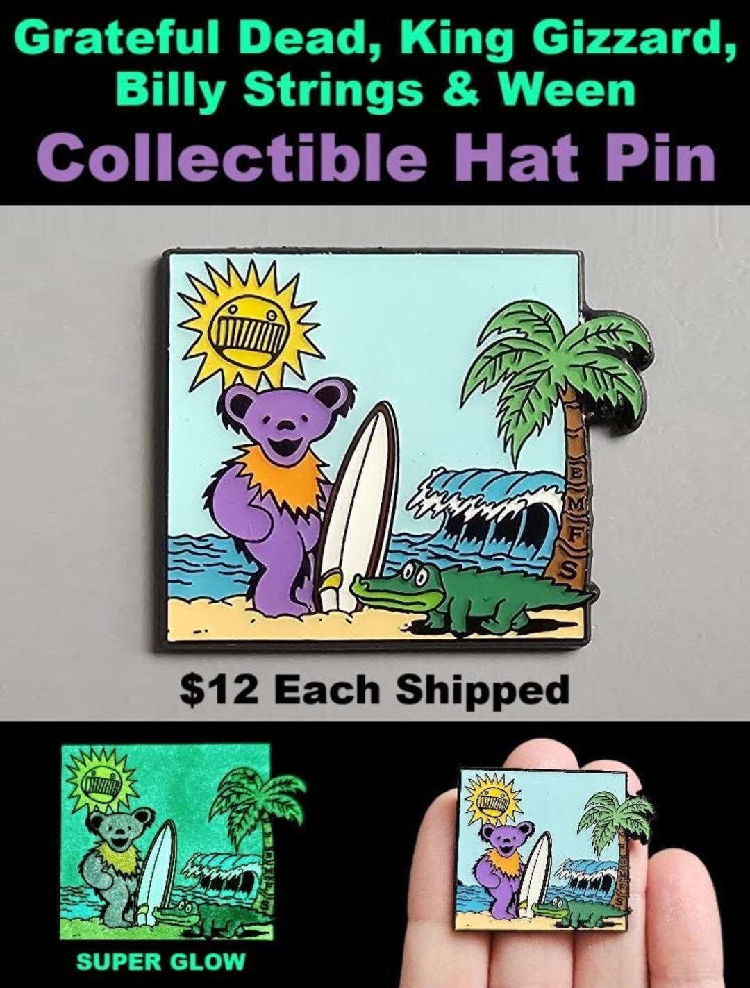 Jam Band Surf Bear Alligator Lizard Glow in the Dark Metal Enamel Lapel ...