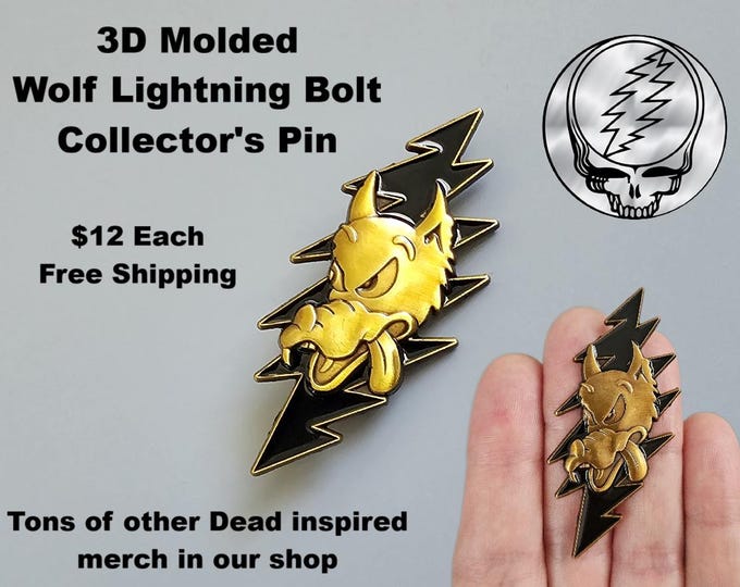 Dead Head Wolf Lightning Bolt 3D Molded Black & Antique Gold Tone ...