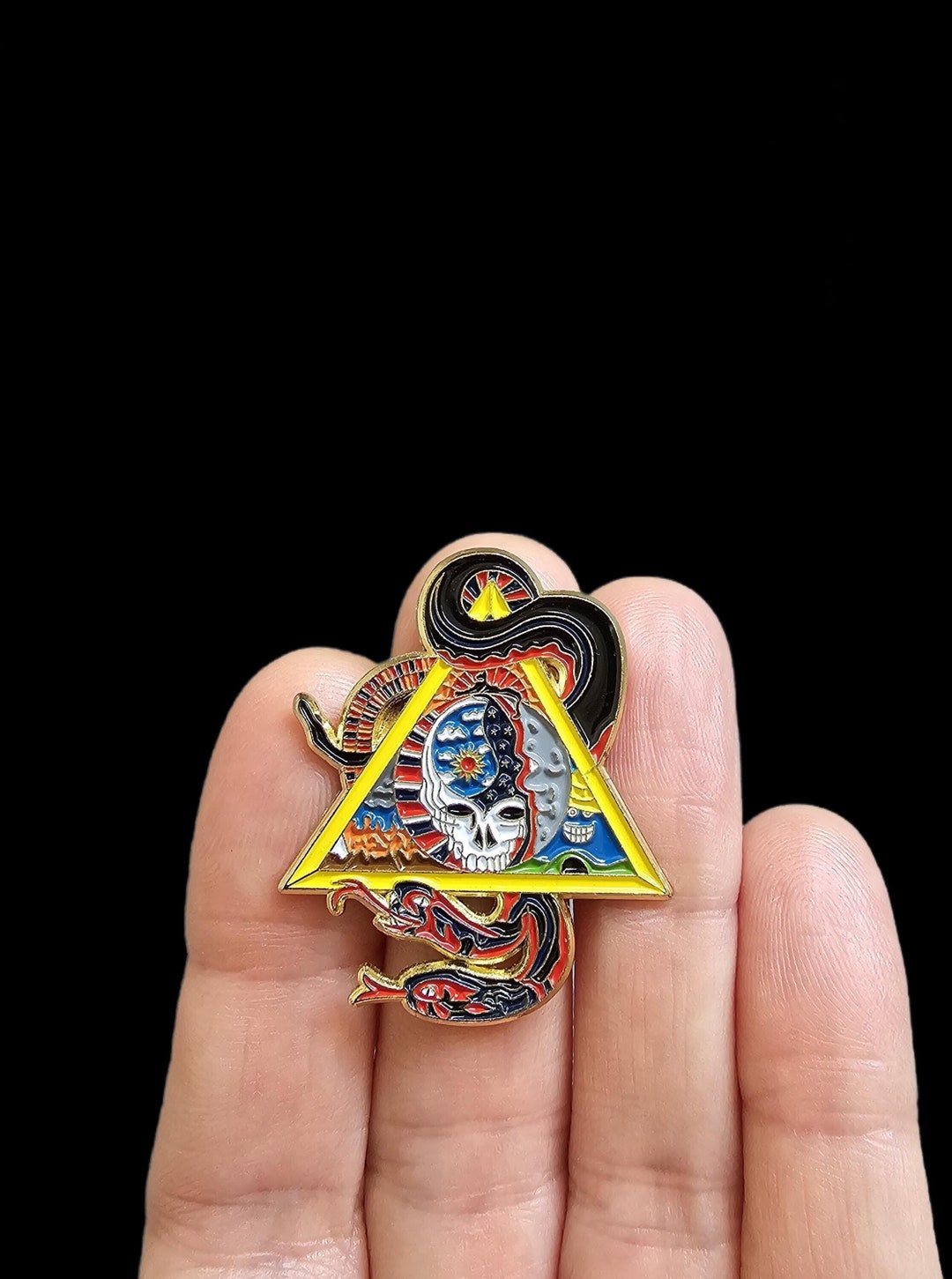 Dead Head Sun Moon Skull Snake 2 Headed Serpent Metal Enamel Lapel Hat ...