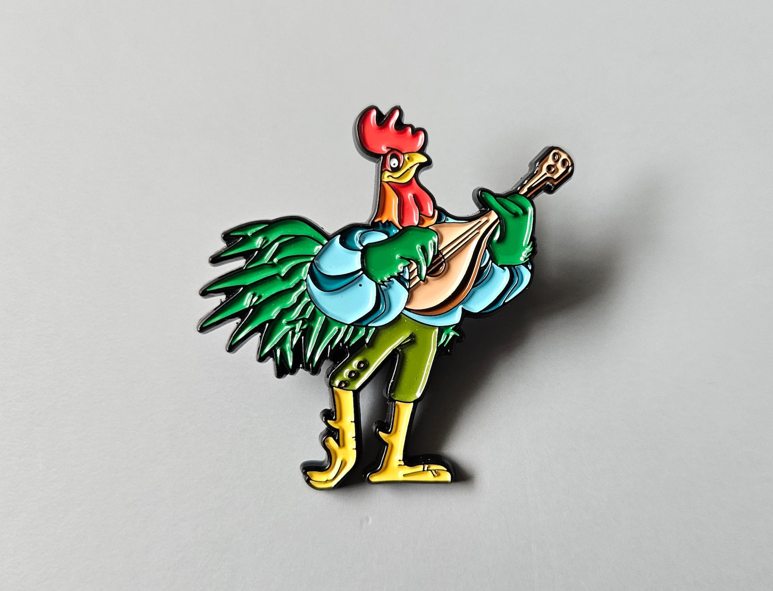 Cartoon Rooster Playing Mandolin Chicken Lute Metal Enamel Lapel Hat ...