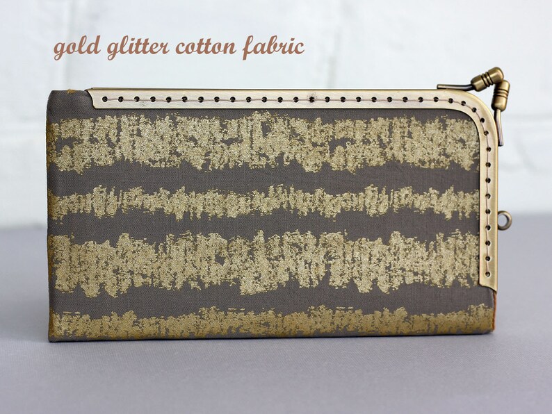 Wallet Phone Case Mini Bag Pouch Clutch Gray Gold Glitter Fabric Vegan ...