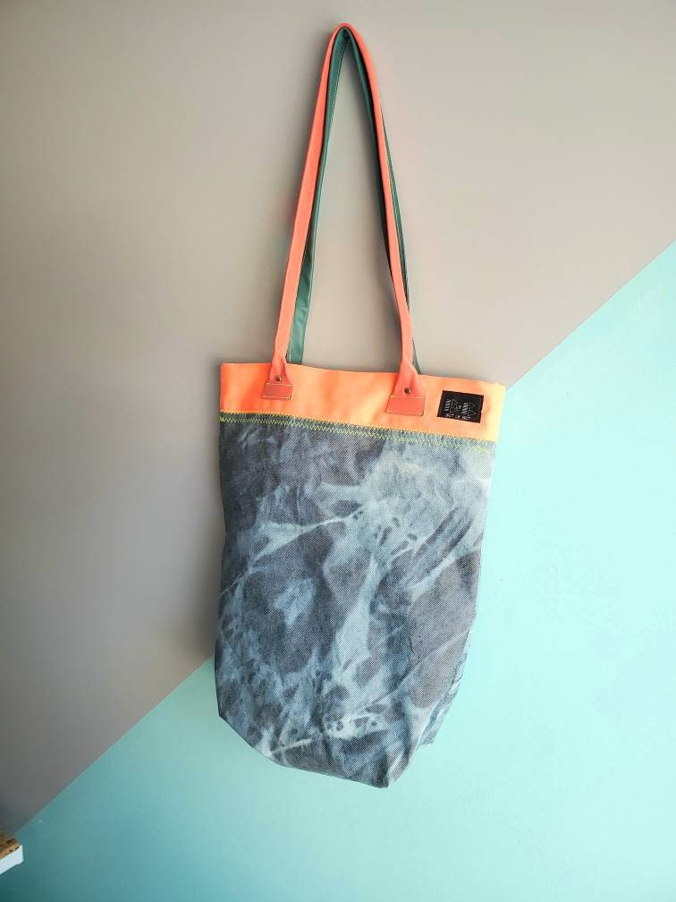 Bleached Denim Tote Bag Leather Handles Neon Denim Handbag Denim Bag - Etsy