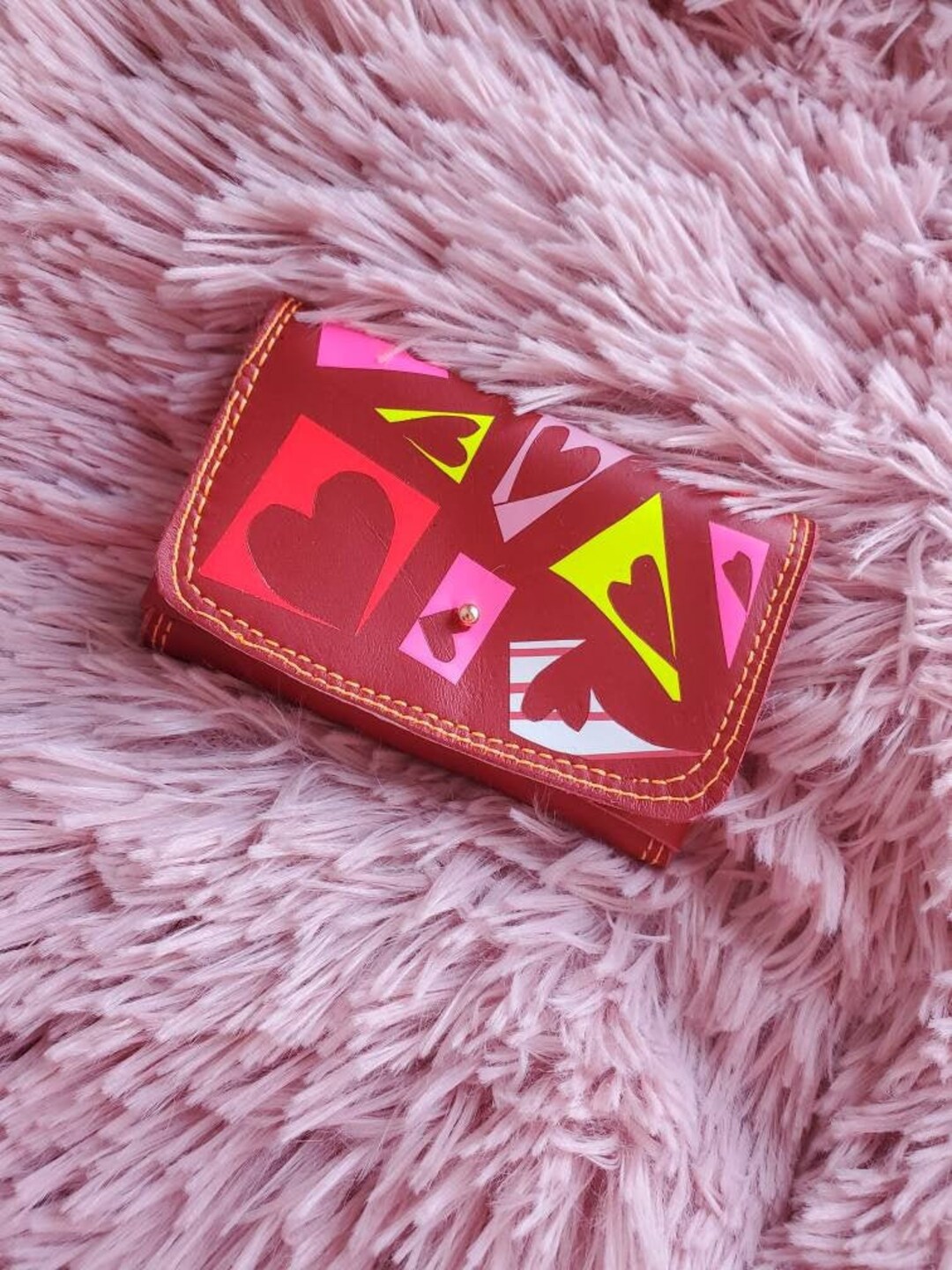 Cute Heart Wallet Leather Pouch Red Wallet Rose Gold Button Stud ...