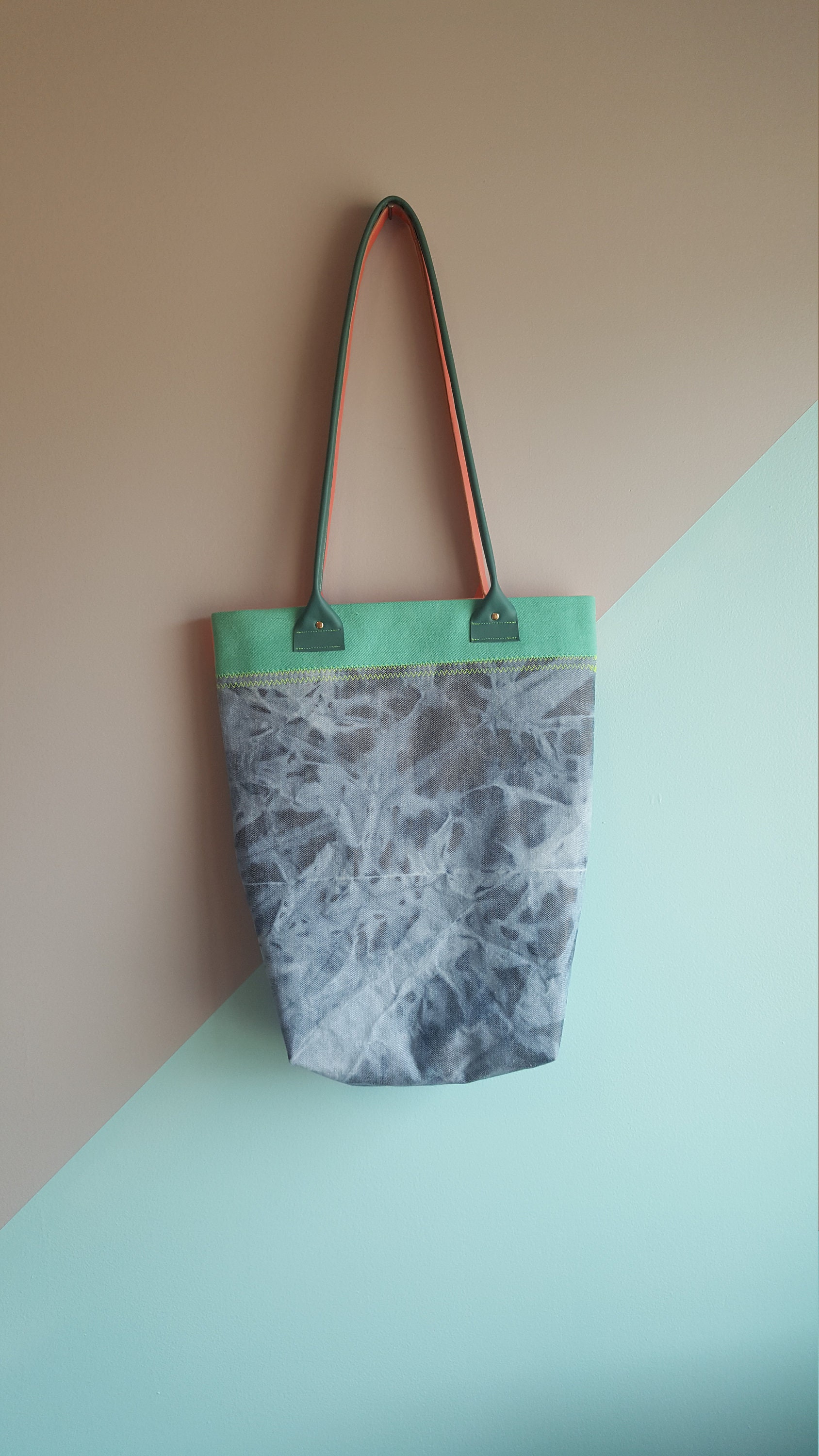Bleached Denim Tote Bag Leather Handles Neon Denim Handbag Denim Bag - Etsy