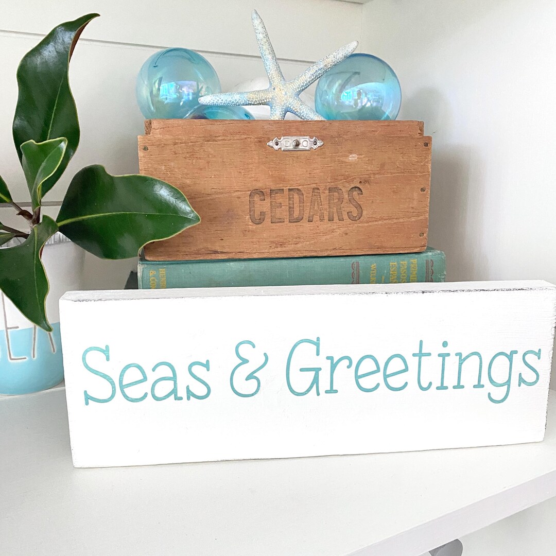 Seas & Greetings Sign, Winter Beach Sign, Coastal Christmas Decor ...