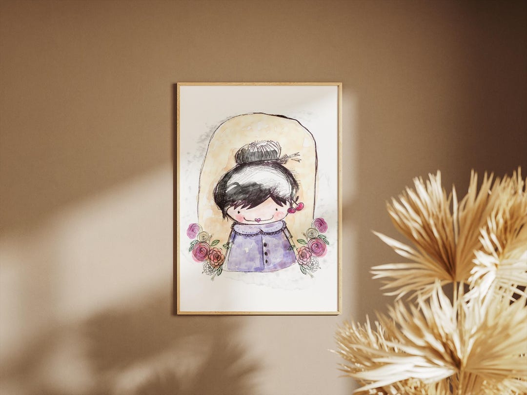 Whimsical Cherry Girl Portrait: Hand-drawn Nursery Art (digital ...