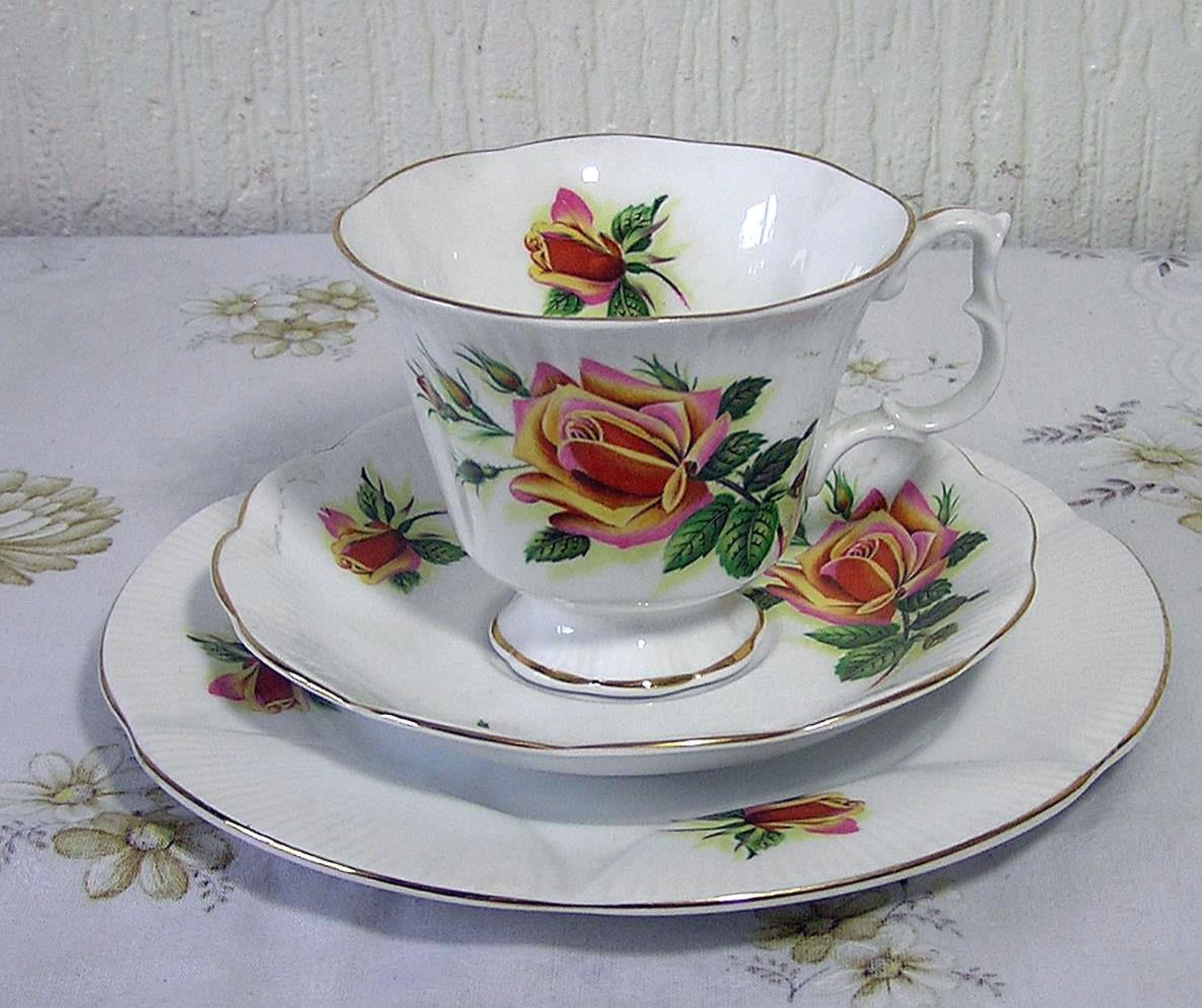 Vintage Bone China Rose Pattern Tea Trio Set From Richmond China Made ...