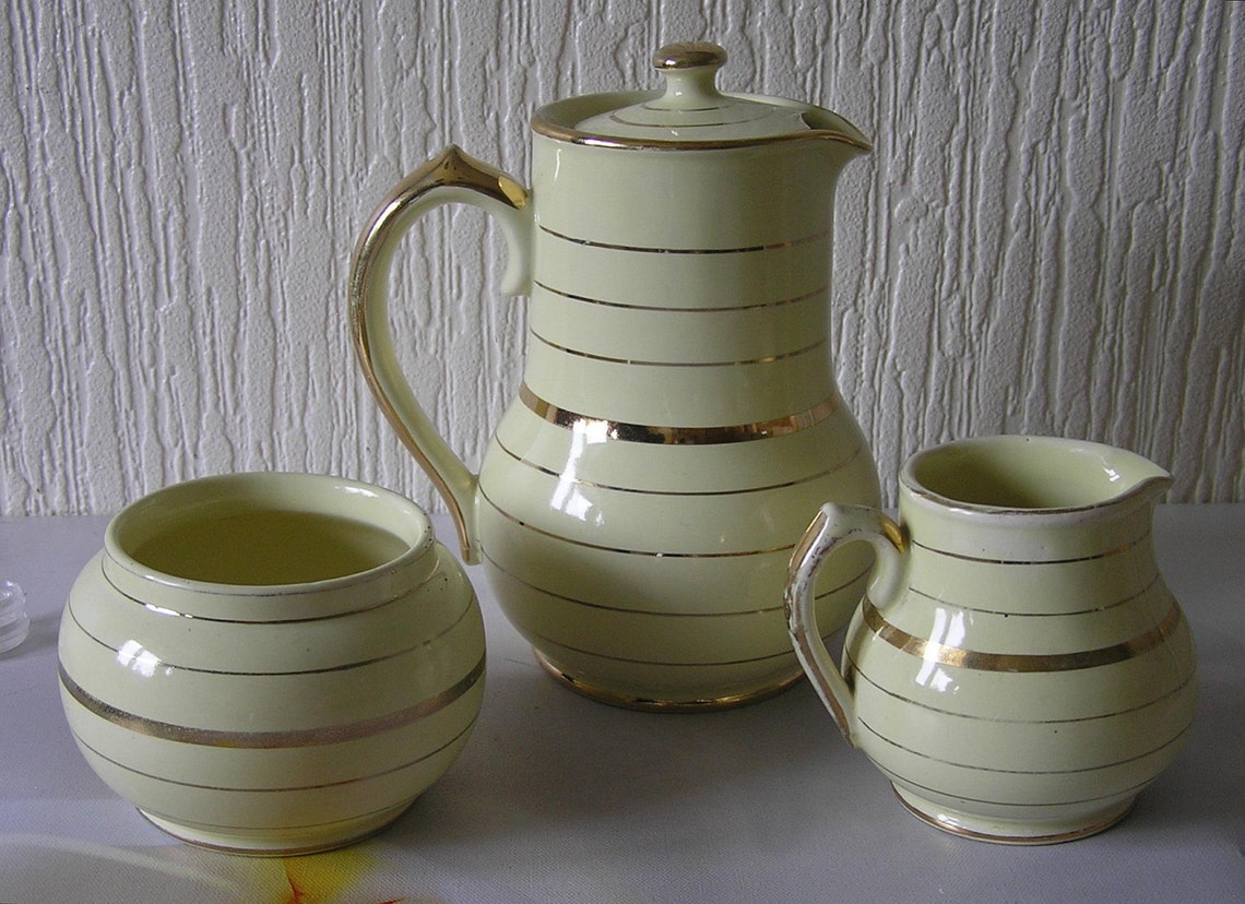Art Deco Sadler Yellow With Gold Stripes Coffee Pot Cream and Sugar ...