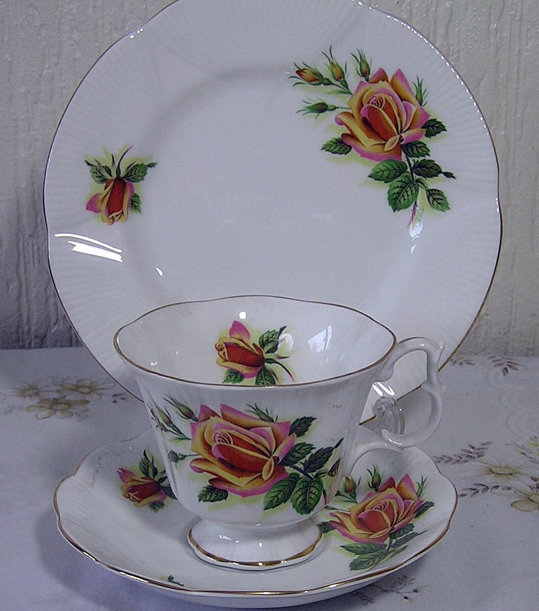 Vintage Bone China Rose Pattern Tea Trio Set From Richmond China Made ...