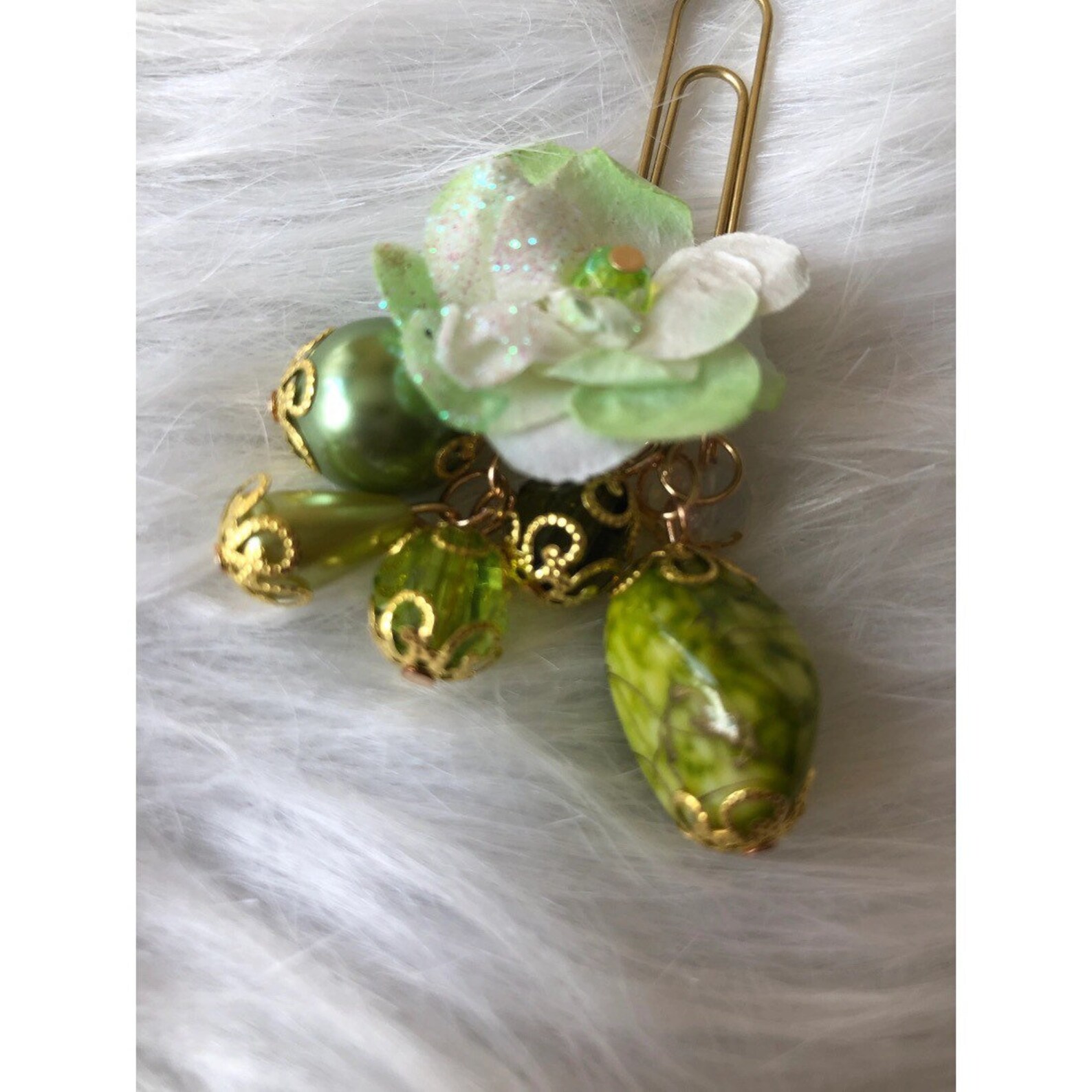 Paperclip Rose White/green-. Gold Hardware - Paperclip With Beads - Etsy