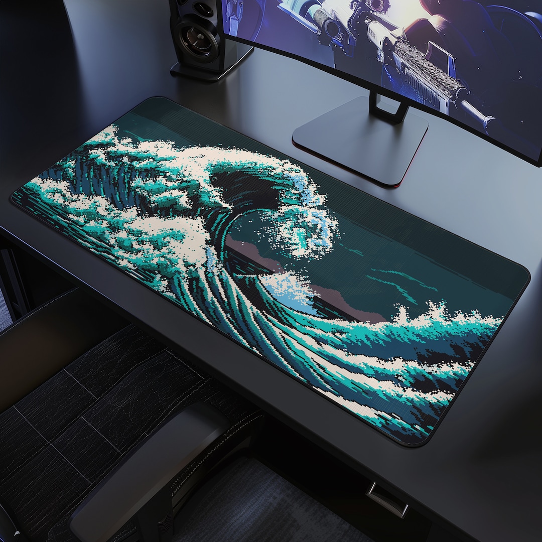 Pixel Great Wave Japanese Large XXL Desk Mat / Custom Desk Mat Desk Pad ...