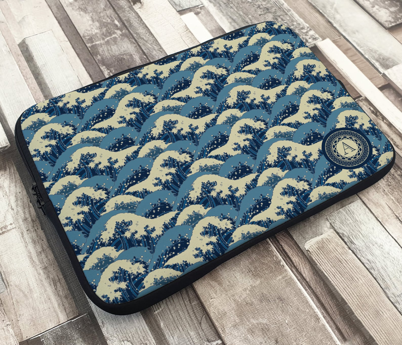 Japanese Wave Monogram Personalized Laptop Sleeve, Navy Case, Laptop ...