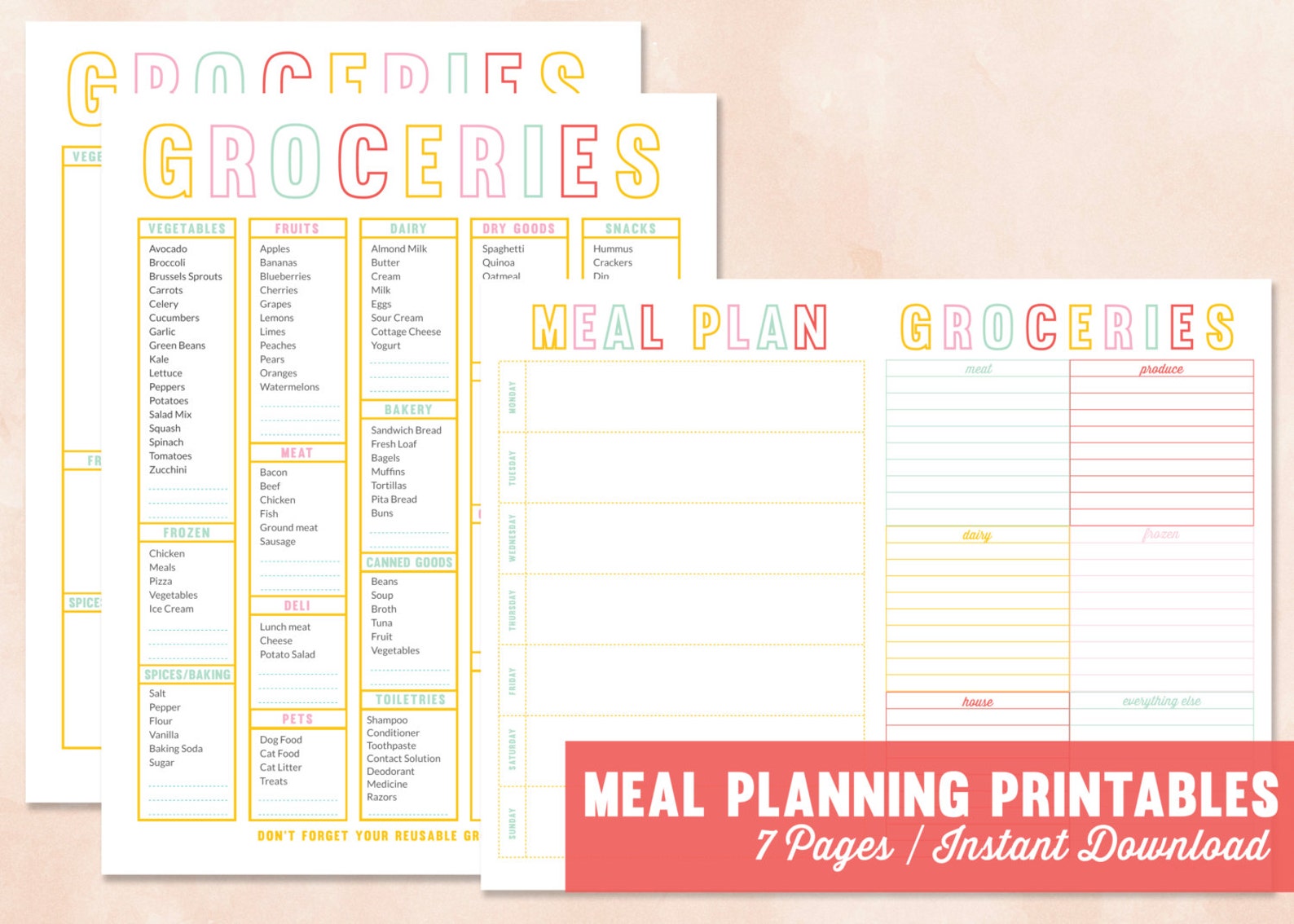 Menu Planner Worksheets + Shopping Lists + Instant Download + DIY ...