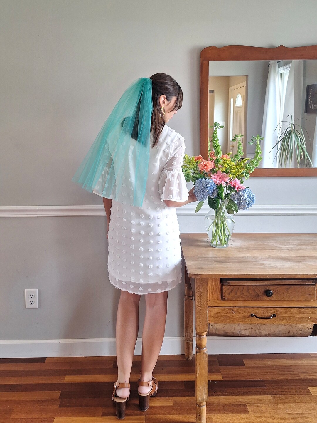 Aqua Bridal Veil Retro Style Nylon Tulle Blue Veil Green 60s Mod Colorful Turquoise Veil Hip ...