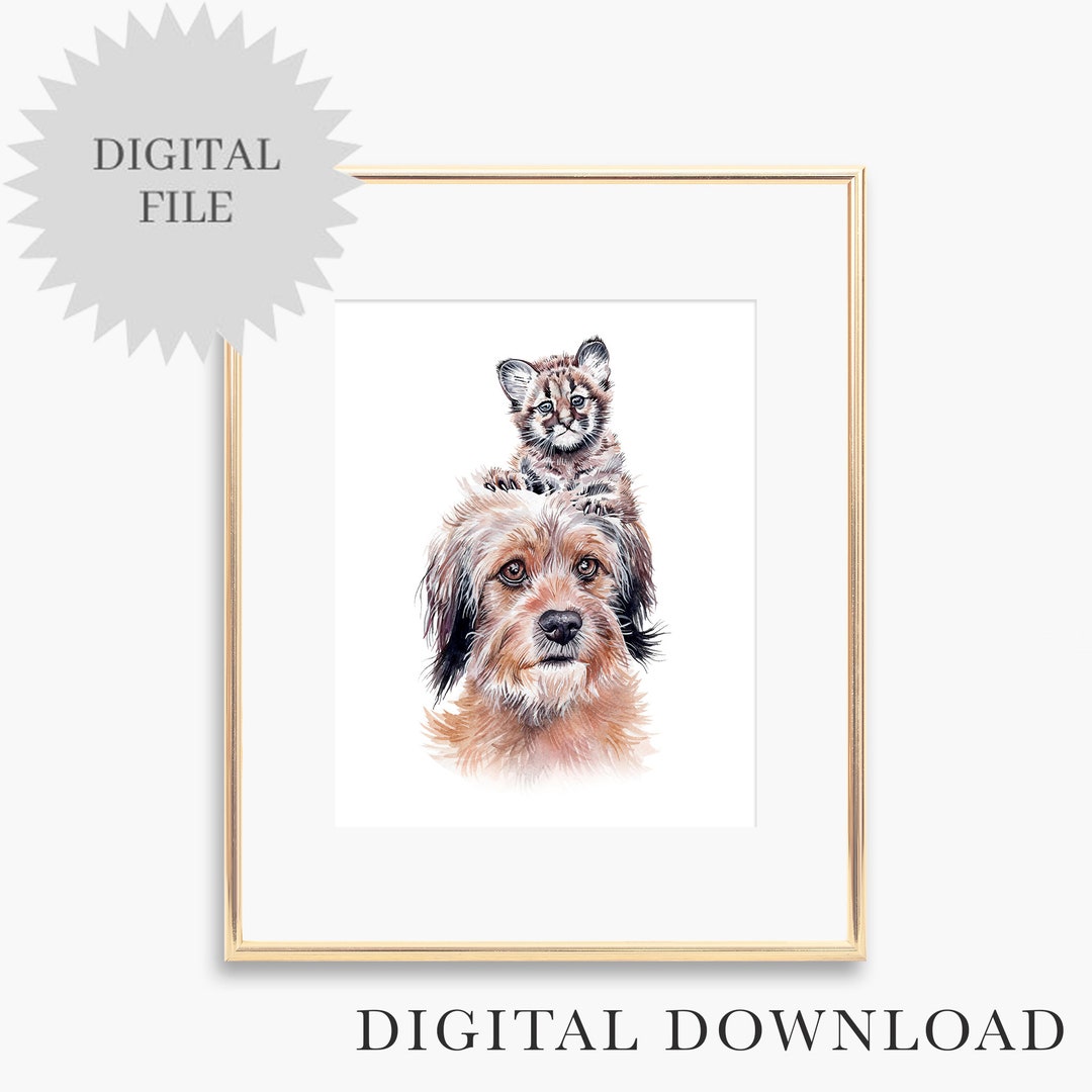 PRINTABLE Benji Dog and Cougar Cub Watercolour Print, Wall Art Painting ...