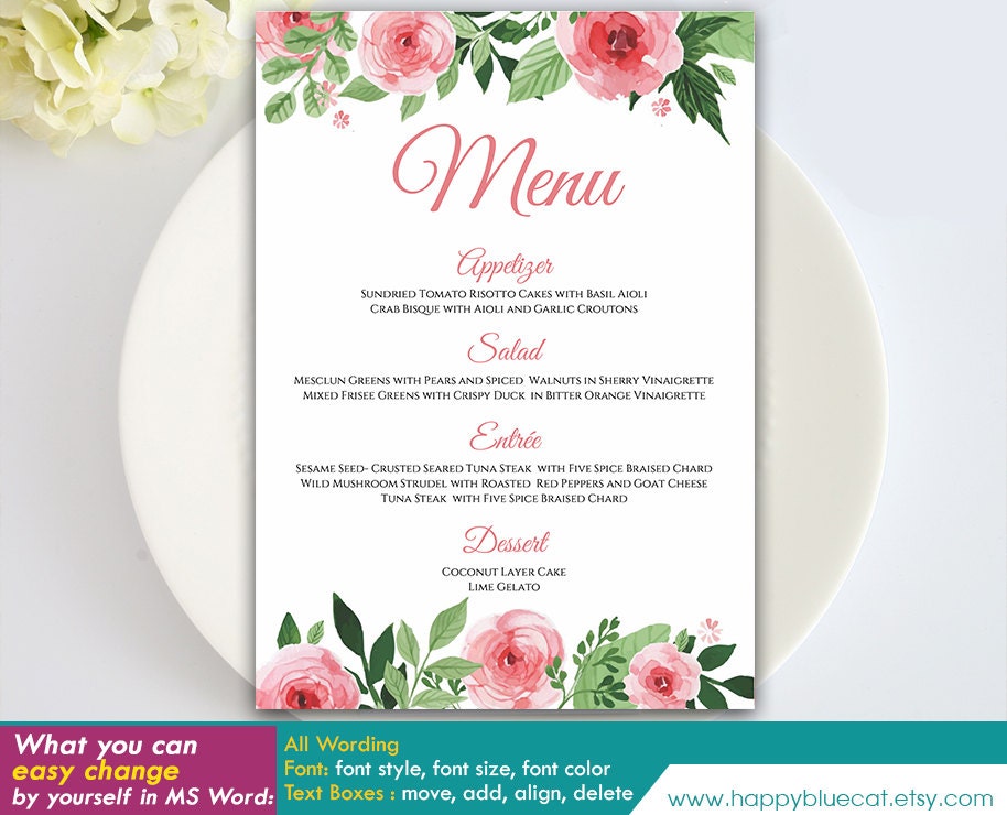 Diy Printable Wedding Menu Template Instant Download | Etsy