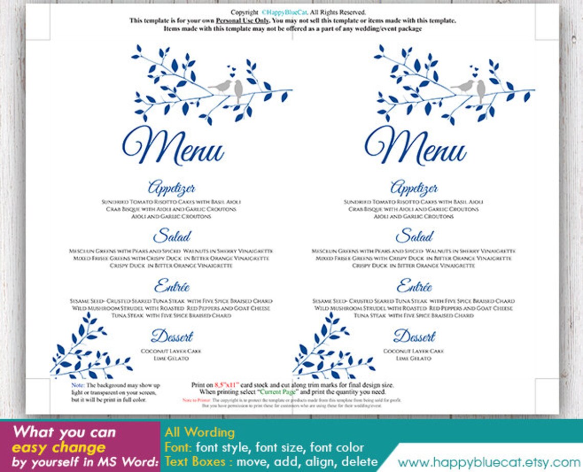 Diy Printable Wedding Menu Template Instant Download - Etsy