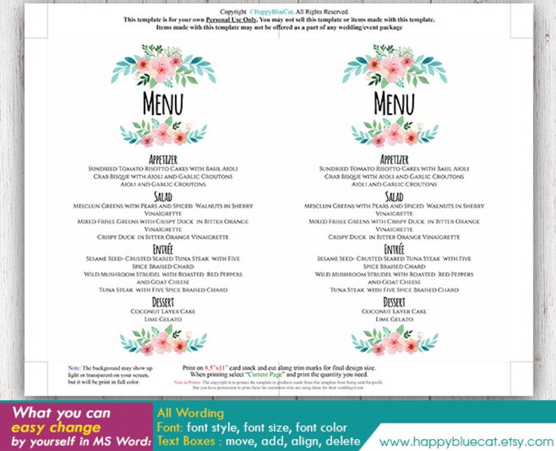Diy Printable Wedding Menu Template Instant Download - Etsy