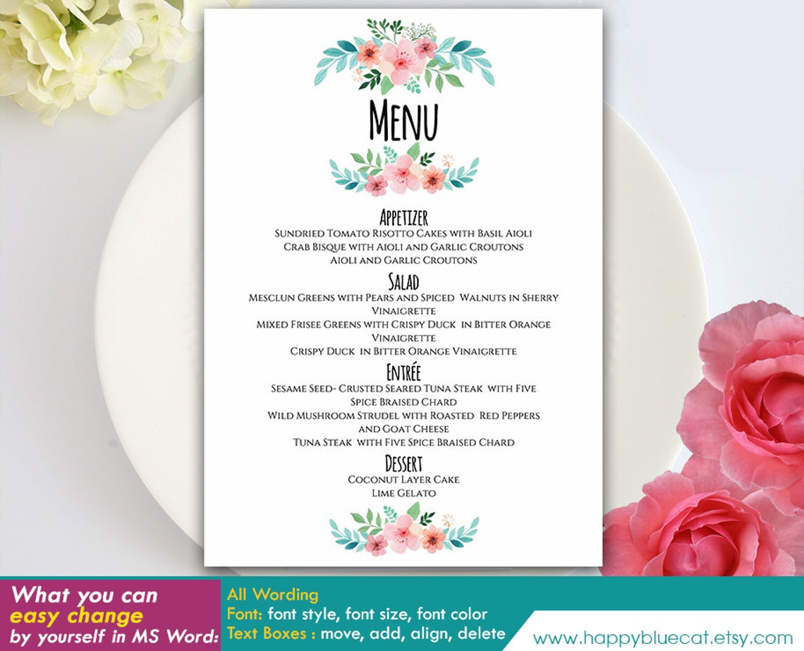 Diy Printable Wedding Menu Template Instant Download | Etsy