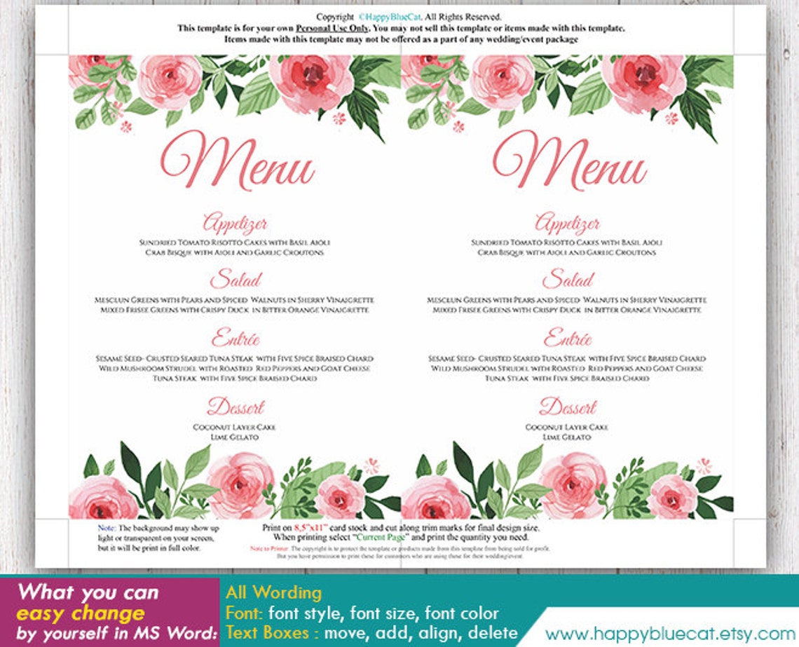 Diy Printable Wedding Menu Template Instant Download - Etsy