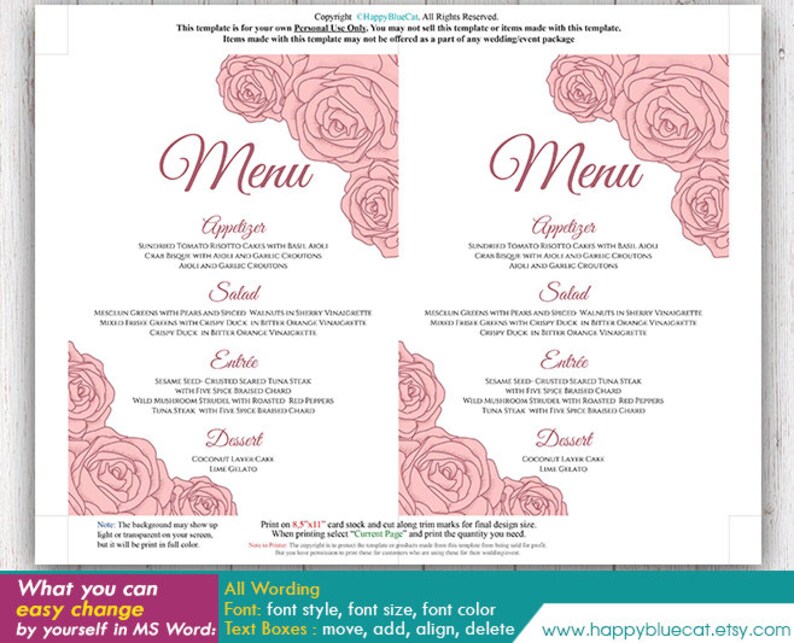Diy Printable Wedding Menu Template Instant Download - Etsy