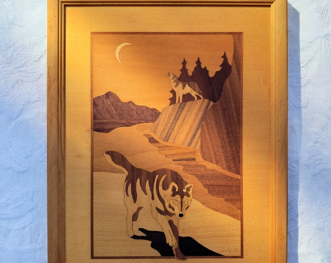 Vintage Wolf Artwork With Wood Marquetry by Hudson River Inlay, Artist ...