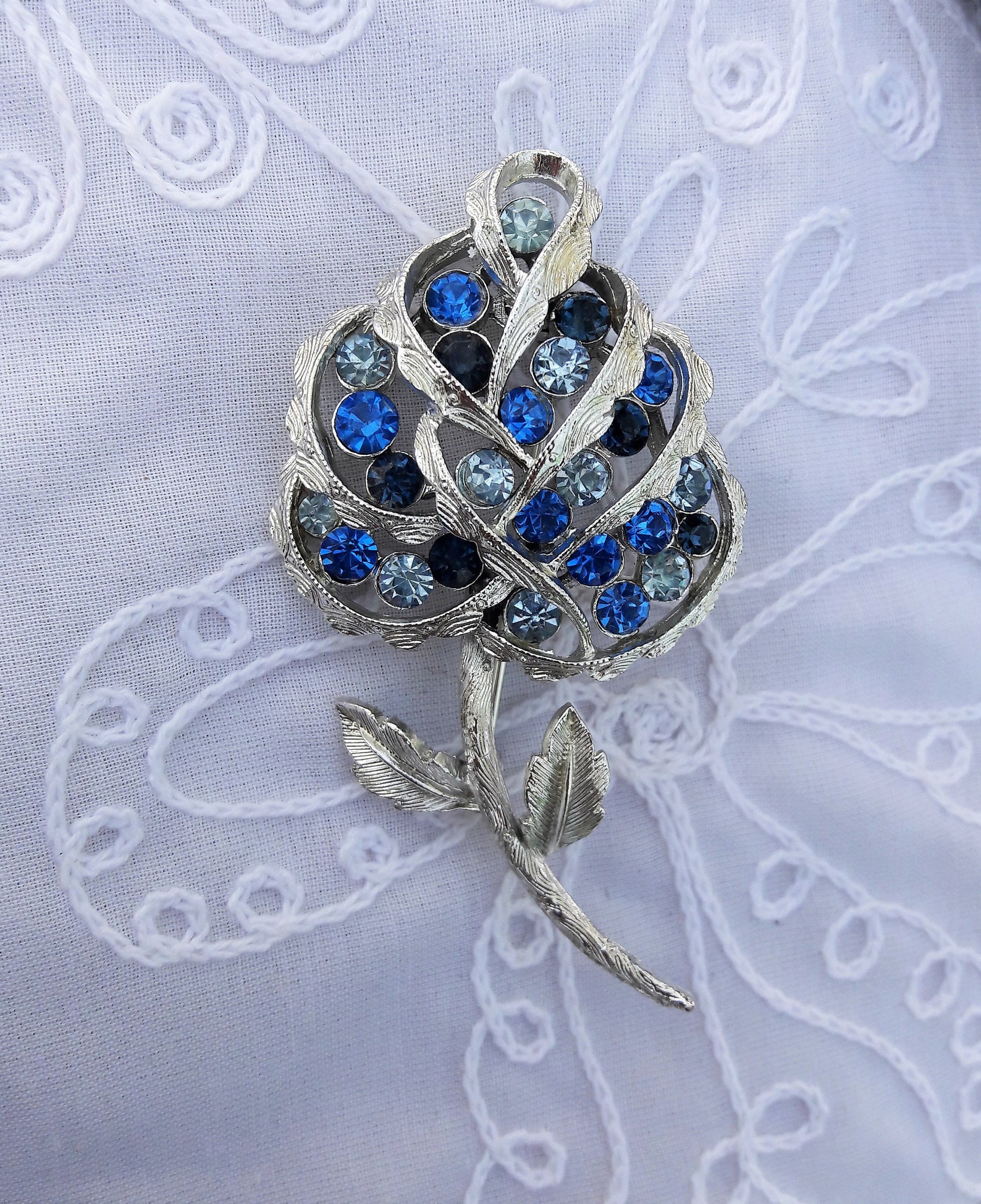Vintage Coro Brooch Flower Blue Rhinestones Pin Etched | Etsy