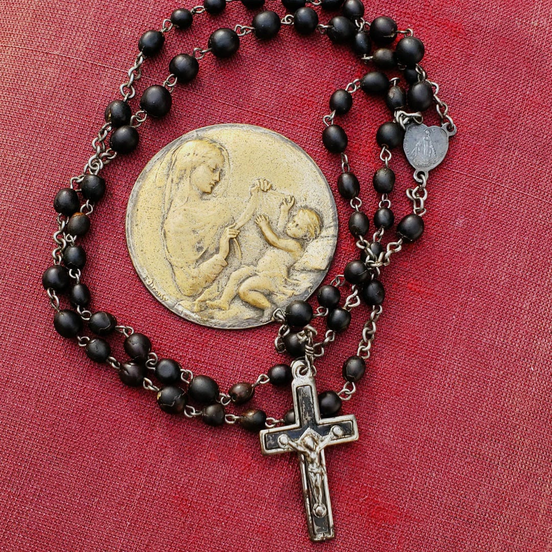 Small Antique French Rosary Only, Worn Gutta Percha Beads & Crucifix ...