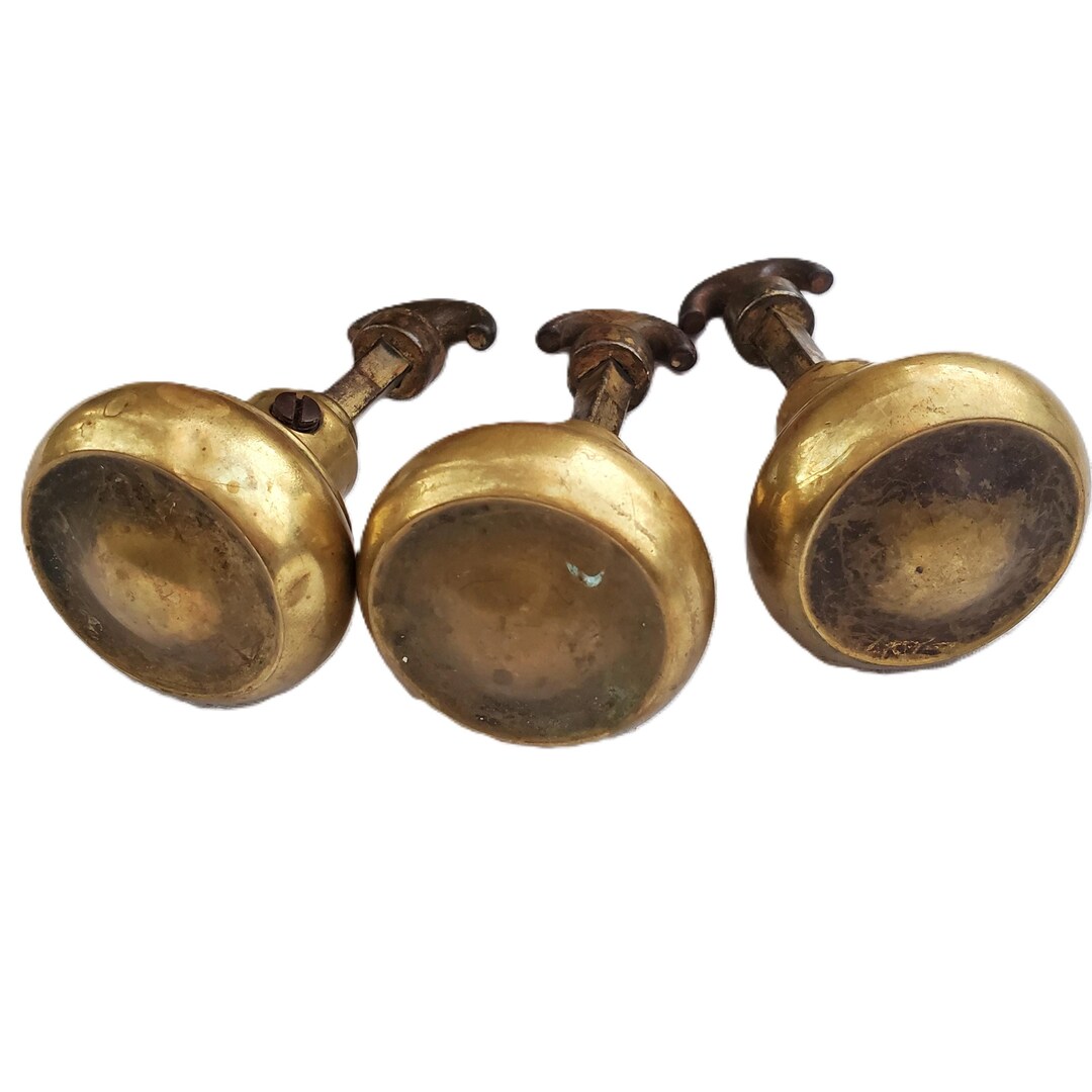 Three Vintage Door Knobs for Closet Brass, Thumb Turn Spindle, Salvaged ...
