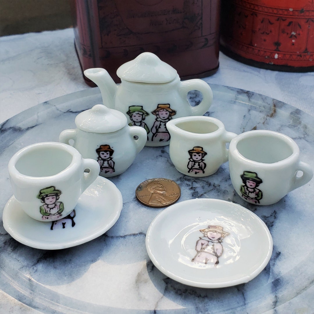 Vintage Miniature Tea Set Porcelain Teapot Saucers Cups - Etsy