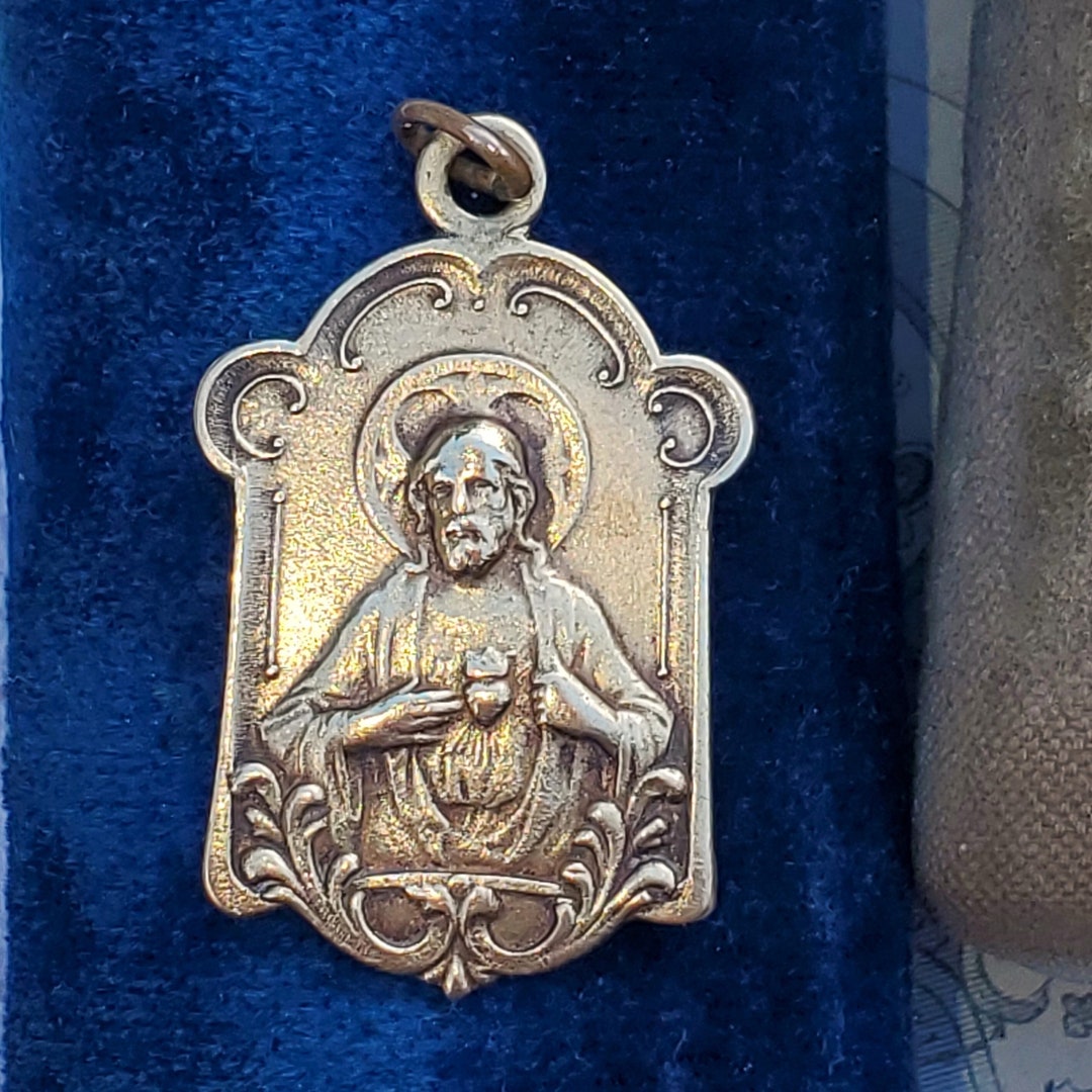 Antique Holy Medal, Scapular, Sacred Heart of Jesus, Flaming Heart, Art ...