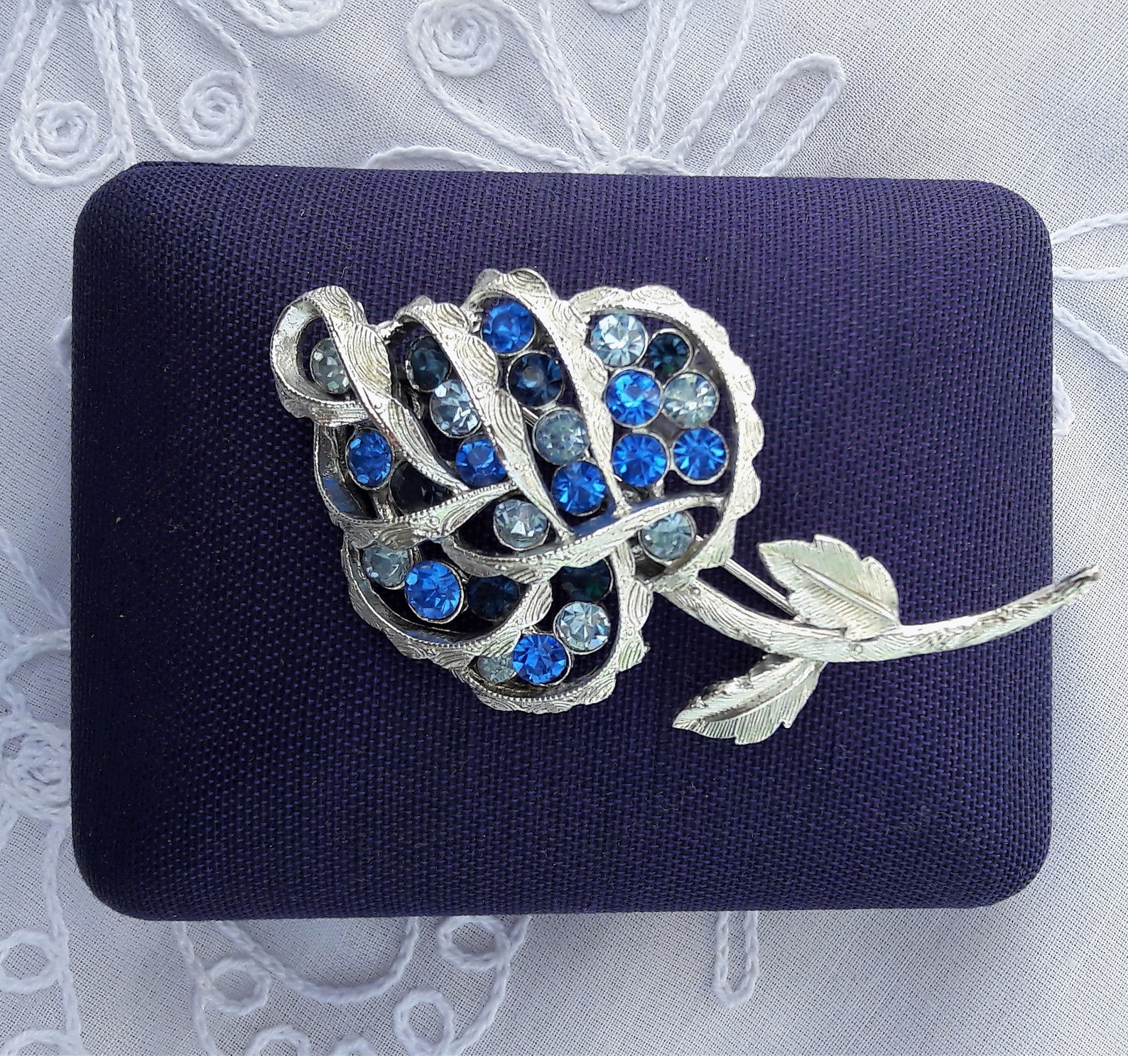 Vintage Coro Brooch Flower Blue Rhinestones Pin Etched | Etsy