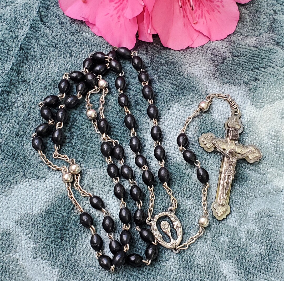 Small Vintage Black Rosary, IHS Eucharist Cup Medal, Catholic Prayer ...
