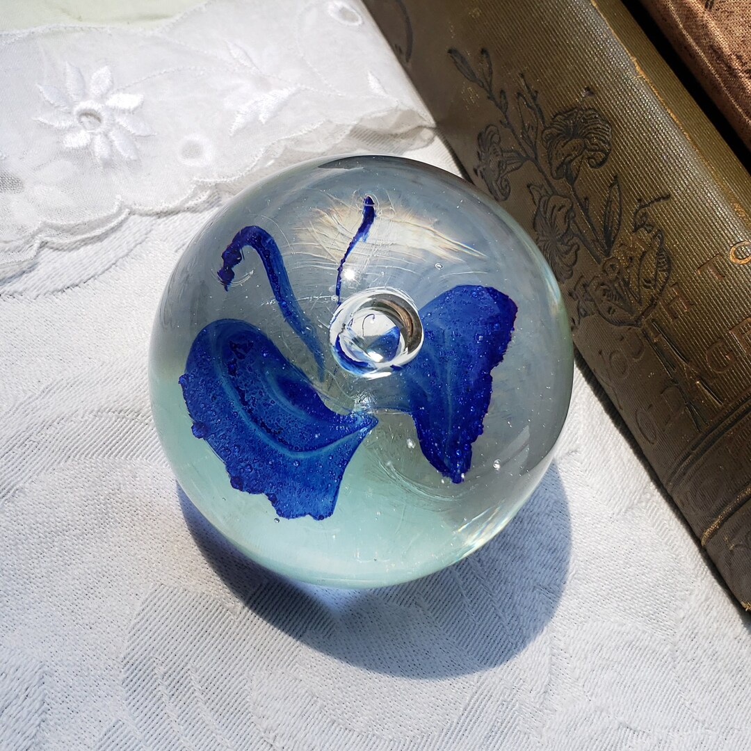 Vintage Glass Paperweight, Blue Butterfly or Flowers, Blown Glass ...