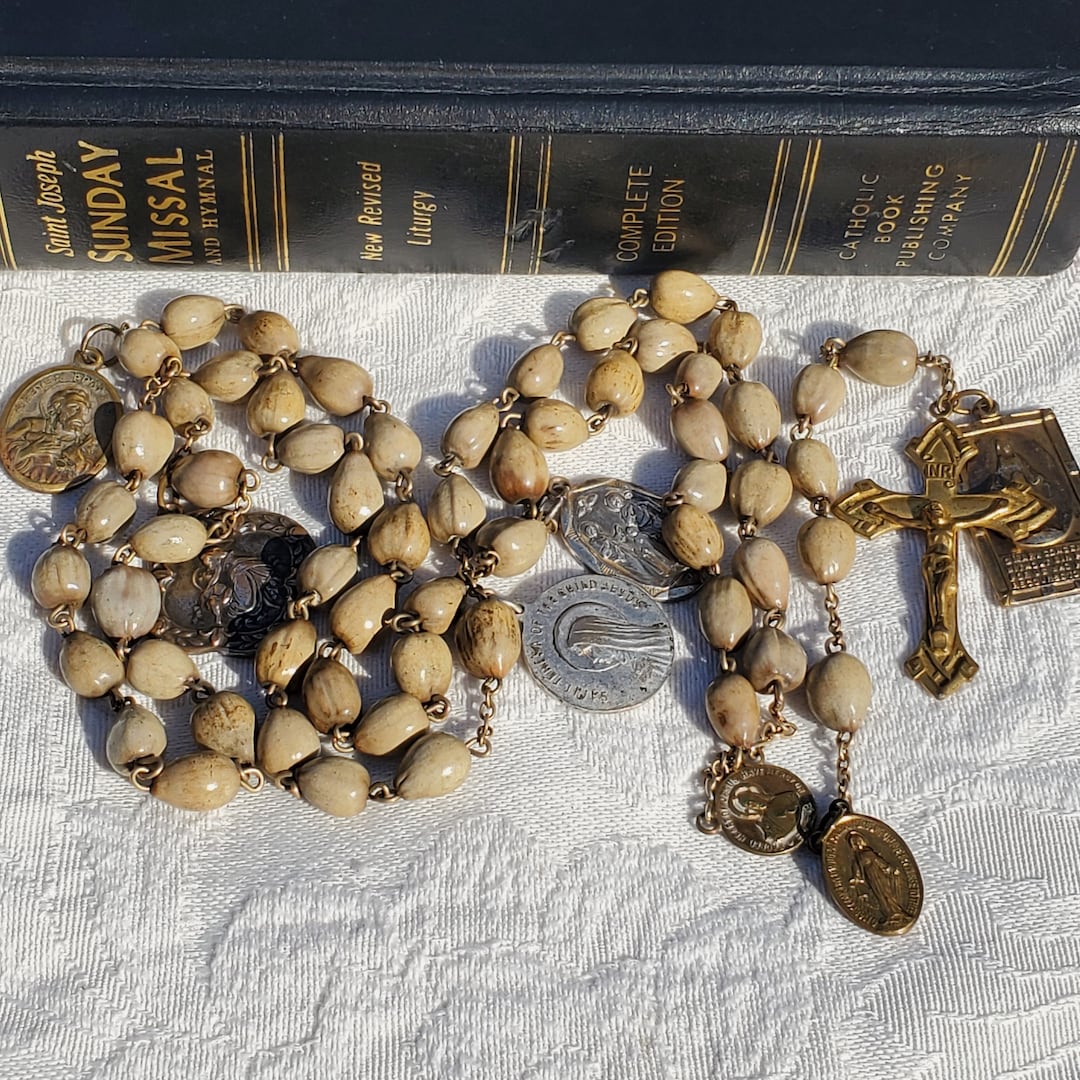 Vintage Tears of Job Rosary, Seed Beads, Pope Pius X & St Therese Medal ...