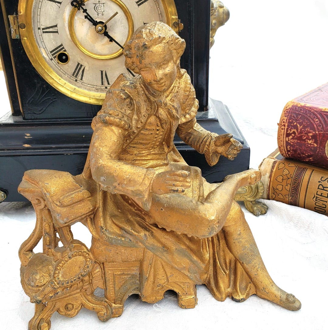 Antique Clock Sculpture, Gold Gilded Cast Metal French Figural Ornament ...