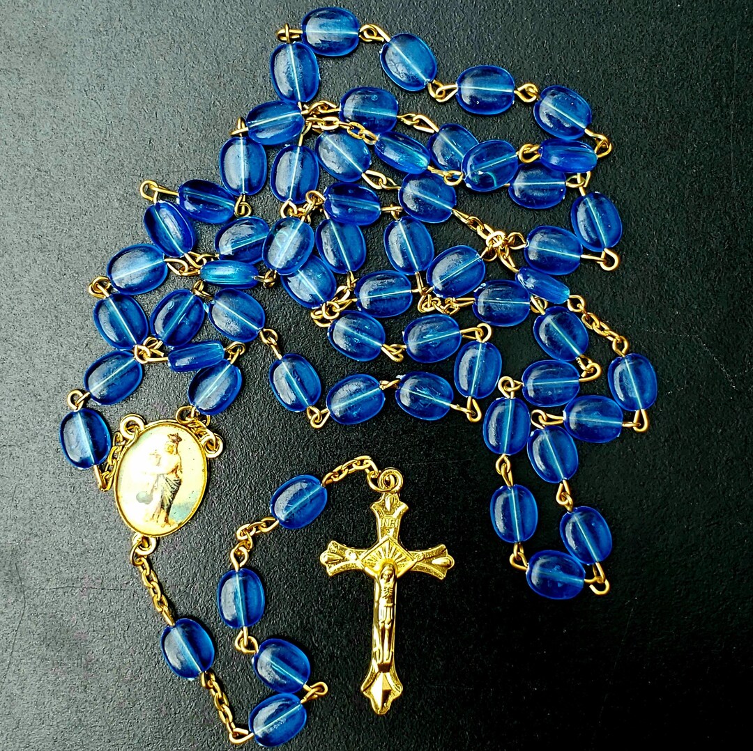 Vintage Blue Rosary, Plastic Oval Beads, Virgin Mary & Jesus Center ...
