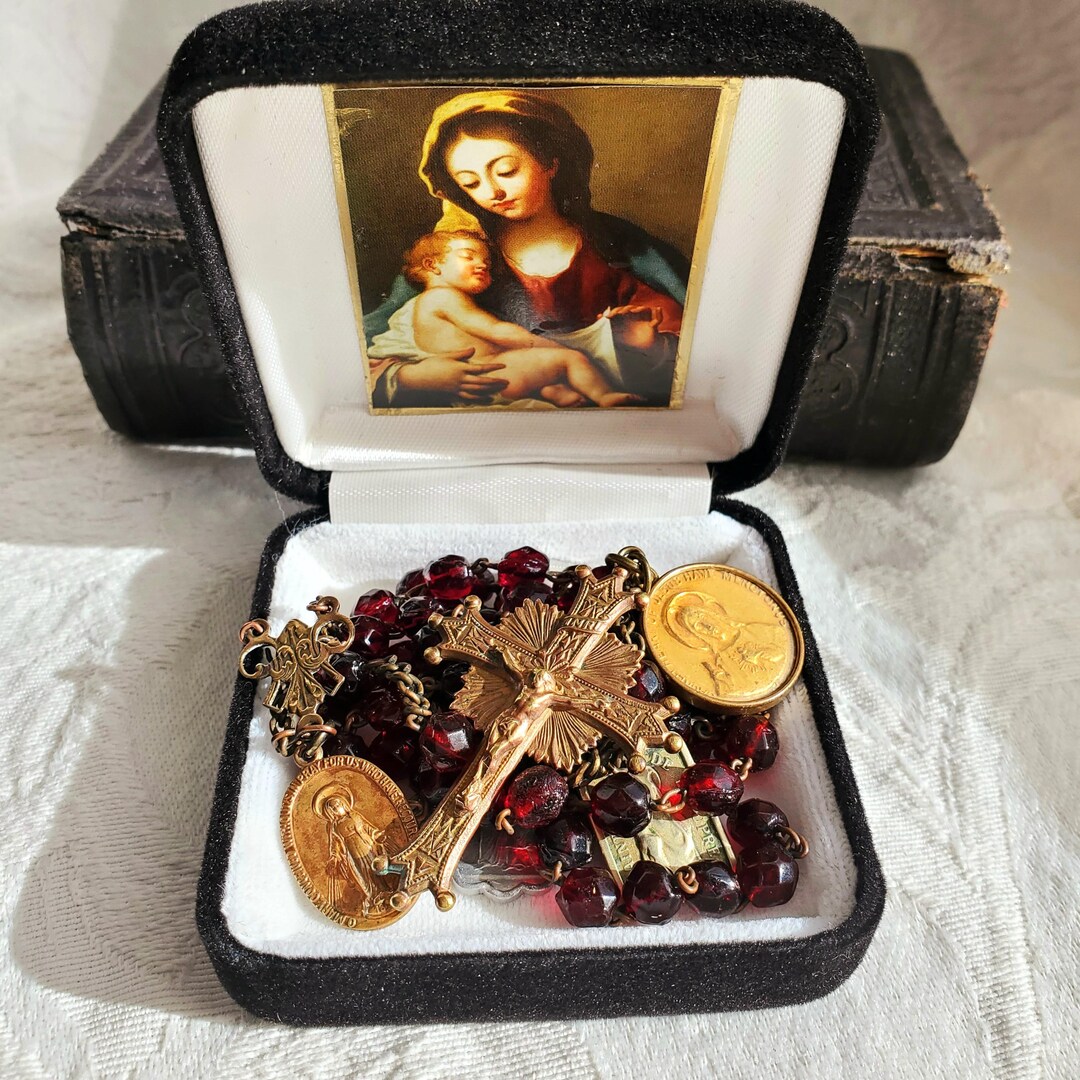 Antique Rosary, Dark Red Crystal Beads, Unique Crucifix, Extra Medals ...