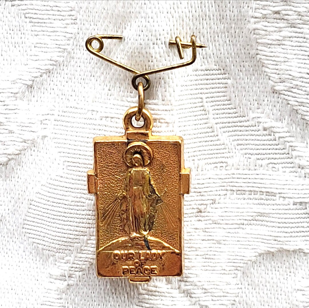 Vintage Virgin Mary Pin, Gold Tone Aluminum, Our Lady of Peace, Blessed ...