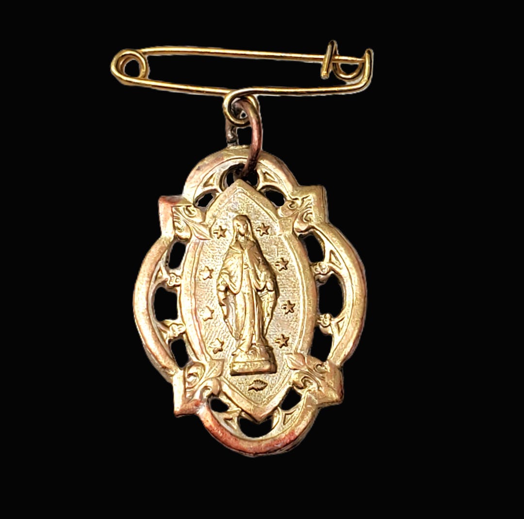Vintage Miraculous Medal Pin: Gold Tone Virgin Mary Pins, Catholic ...